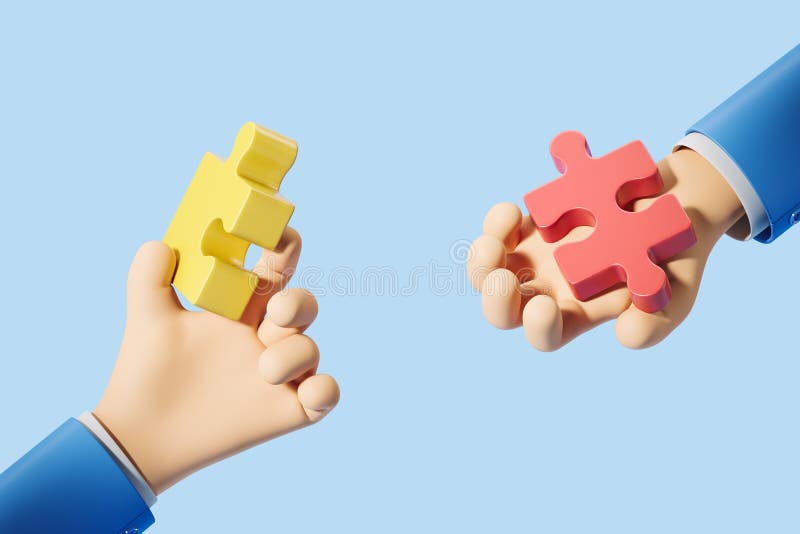 Two Cartoon Hands with Puzzle Pieces on Blue Background Stock ...