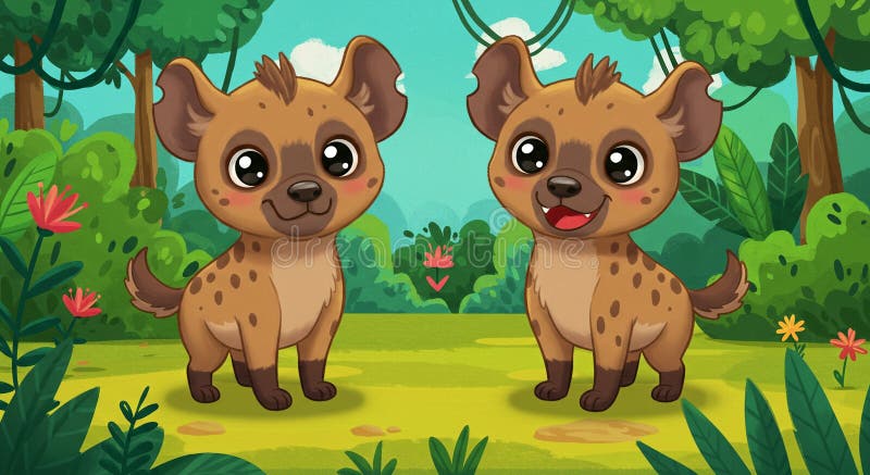 Two Cartoon Hyenas Stand Side by Side in a Lush Jungle Setting, Smiling ...