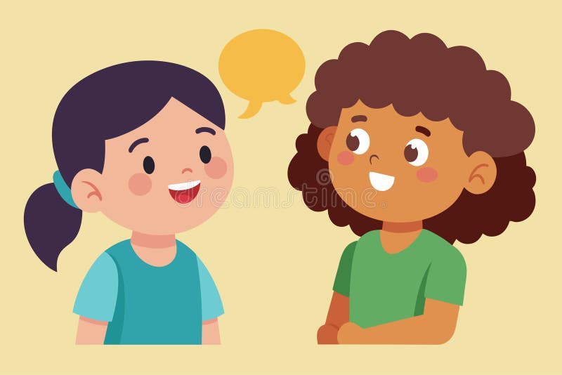 Two Cartoon Kids Chat Cheerfully, One Speaking with a Speech Bubble ...