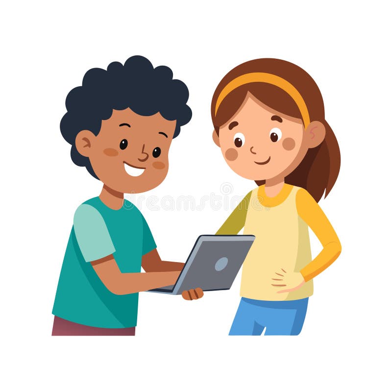 Two Cartoon Kids Collaborating on a Laptop Computer, Learning and ...