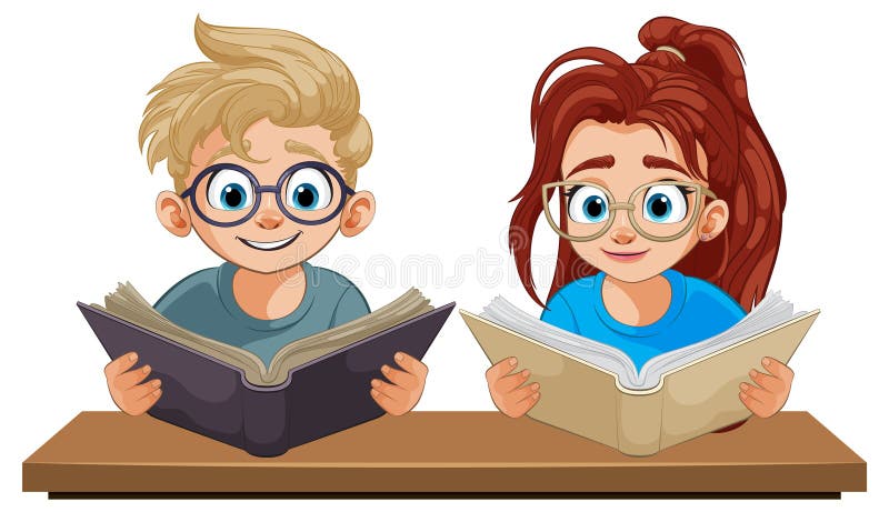 Kids Reading Books at a Table Stock Vector - Illustration of study ...