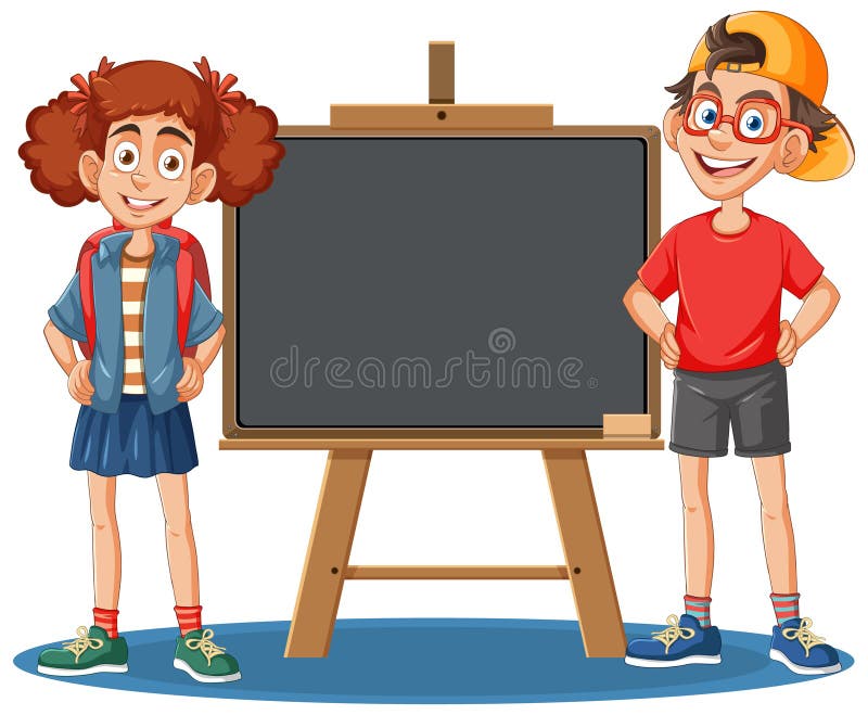 Two Kids Standing beside an Empty Chalkboard Stock Vector ...