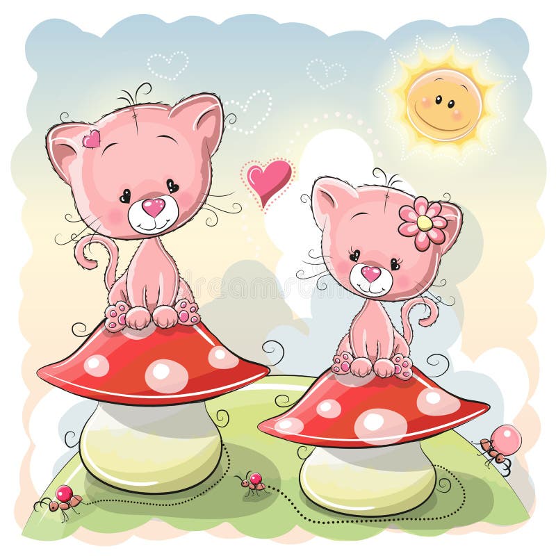 Two Cartoon Kittens Boy and Girl with Cap and Bow Stock Vector ...