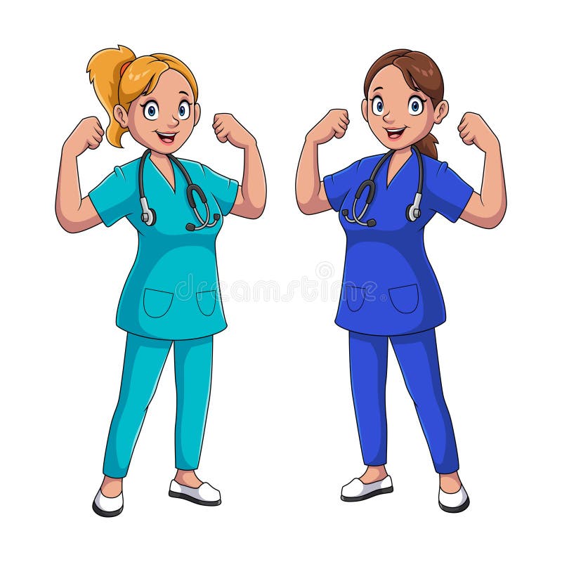 Two Cartoon Nurses in Different Uniforms with Strong Hand Poses Stock ...