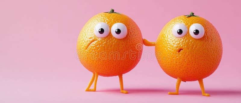 Two Cartoon Oranges with Big Eyes Standing on a Pink Background Stock ...