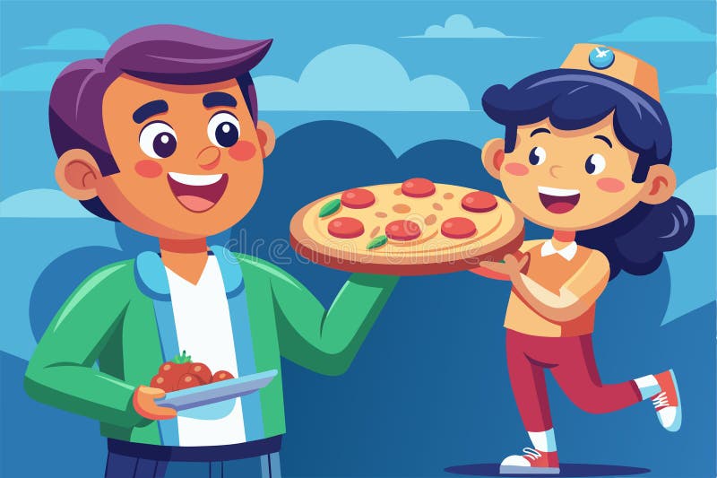 Two Cartoon Pals Share Pizza and Meatballs, Pizza Sharing Customizable ...