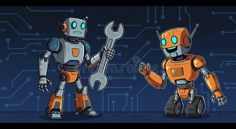 Two Cartoon Robots Stand Against a Circuit-patterned Background. the ...