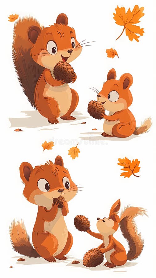 Two Cartoon Squirrels Joyfully Sharing Acorns Under Falling Leaves ...