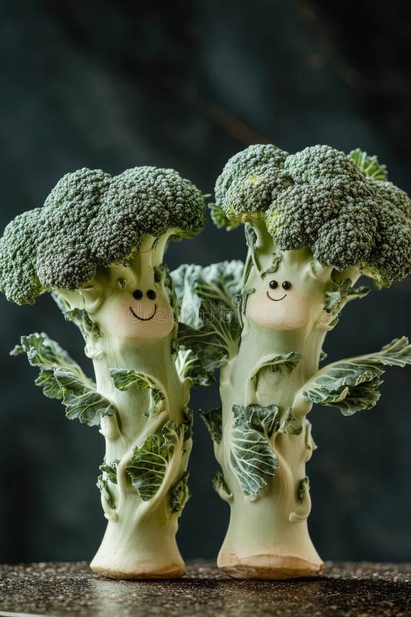 Two Cartoon-style Broccoli Heads with Smiling Faces and Expressive Eyes ...