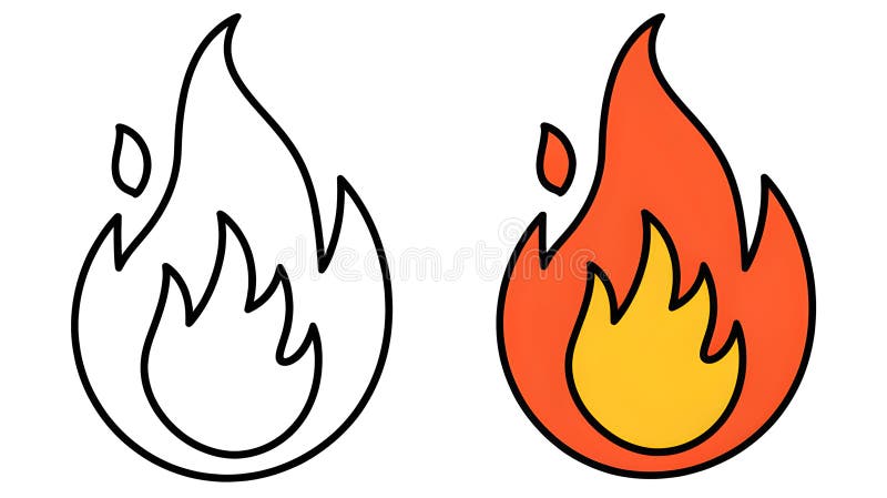 Fire Coloring Page with a Colored Example in Cartoon Style, Safety ...