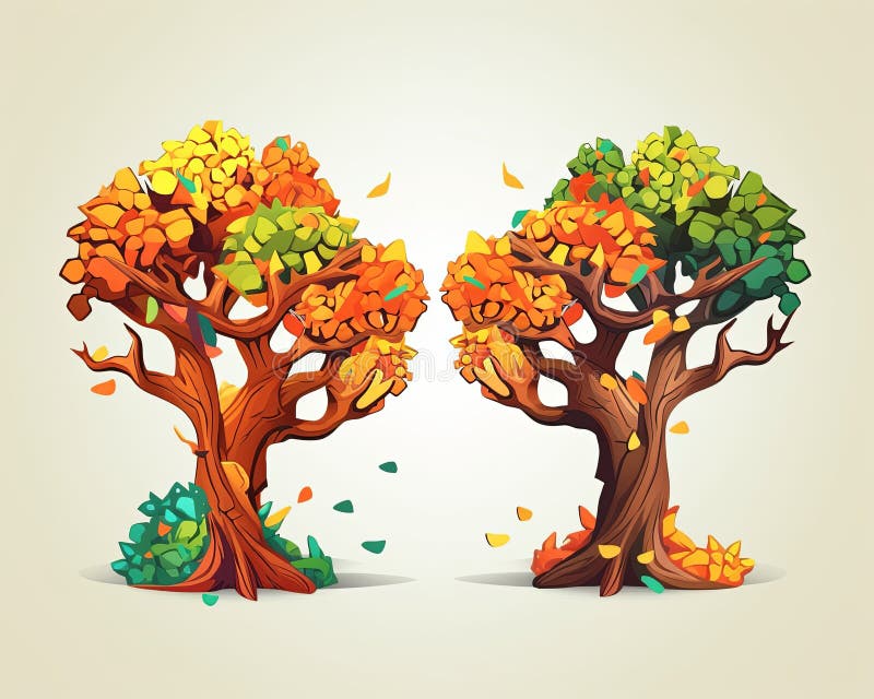 Two Cartoon Trees with Leaves Falling from Them Stock Illustration ...