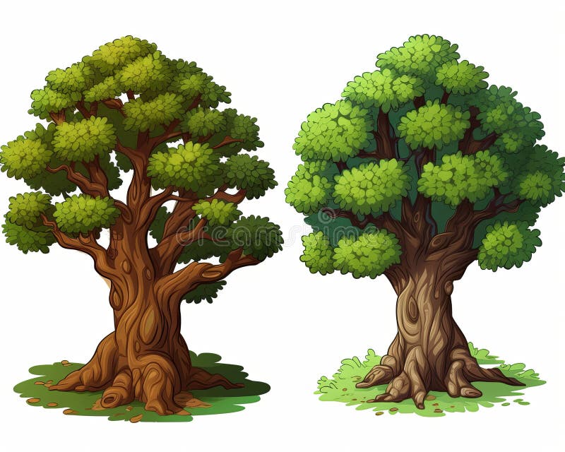 Two Cartoon Trees One with Green Leaves and One with Brown Leaves Stock ...