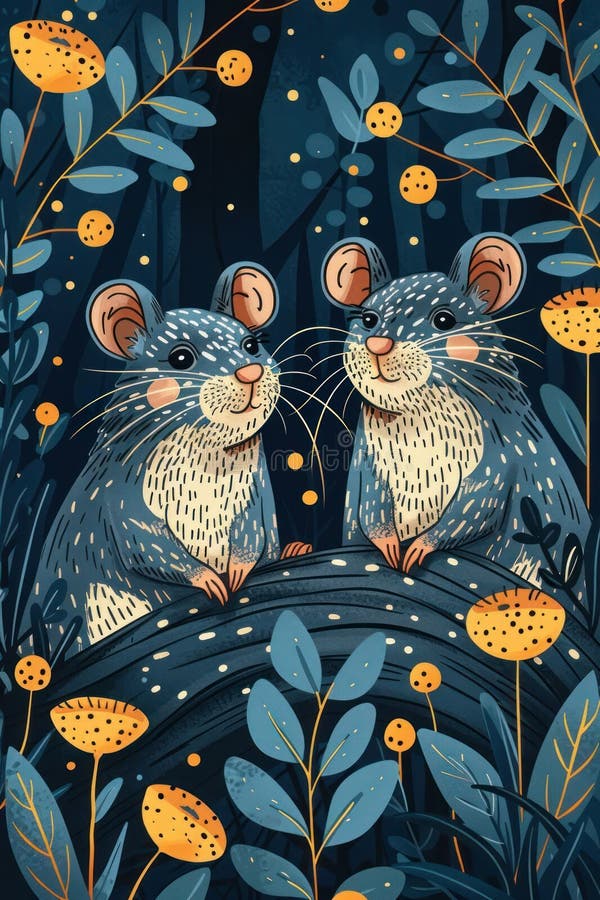 Adorable Two Mice Friends in a Magical Forest Night Stock Illustration ...