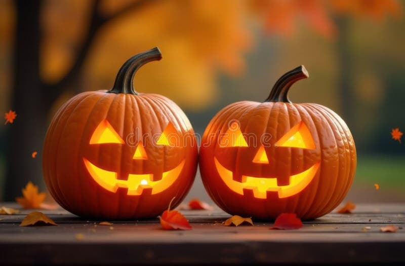Two Carved Pumpkins Lighting Up the Night with Autumn Leaves Falling ...