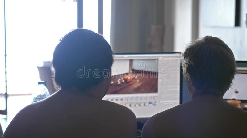 Back of View of Two Young Men Friends with Bare Chest at Home Sharing ...