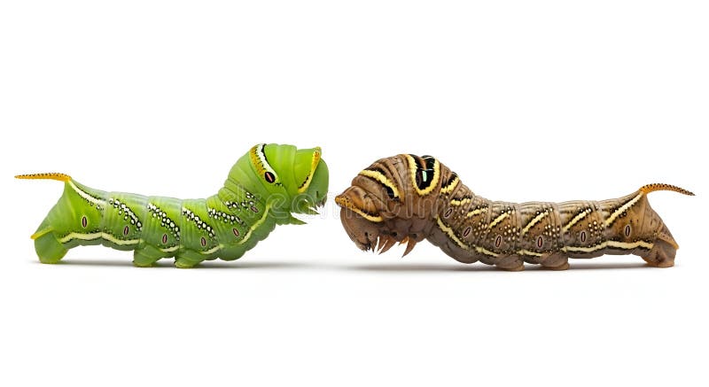 Two Caterpillars, One Green and One Brown, Facing Each Other on White Background, Ai Generated ...