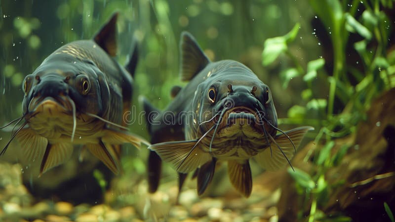 Two Catfish Glide Gracefully through an Underwater Environment Rich with Greenery and Natural ...