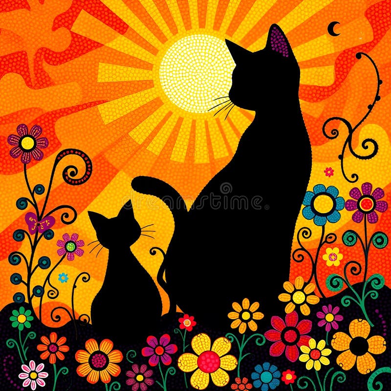Two Cats Basking in the Sun, Surrounded by an Explosion of Colorful ...