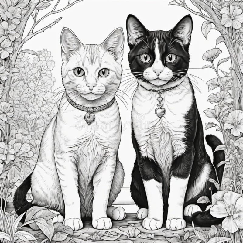 Two Cats Black and White Drawing, Coloring Page, Abstract, AI Generated ... Two Cats Black and White Drawing, Coloring Page, Abstract, AI Generated ...