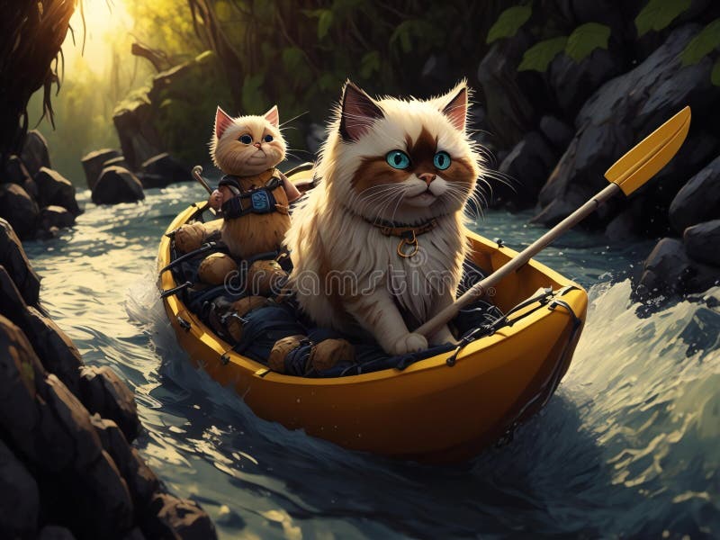 Two Cats in a Boat on the River. Generative Ai Stock Illustration ...