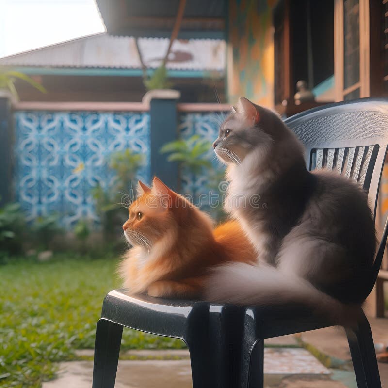 Two Cats on a Chair Behind the House Stock Illustration - Illustration ...