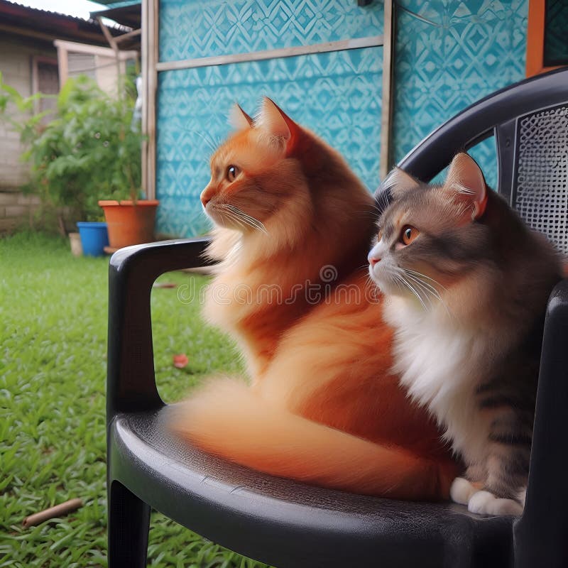 Two Cats on a Chair Behind the House Stock Illustration - Illustration ...