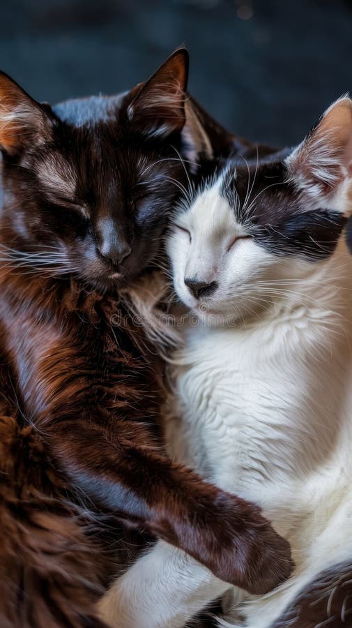 Two Cats Cuddling Affectionately, Black and Calico Colors Visible Stock ...