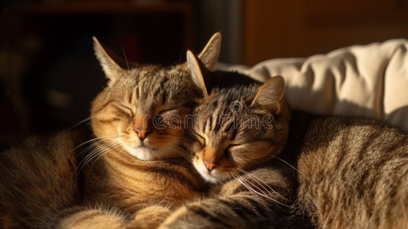 Two Cats are Cuddling Together on a Couch in the Sun, AI Stock Photo ...