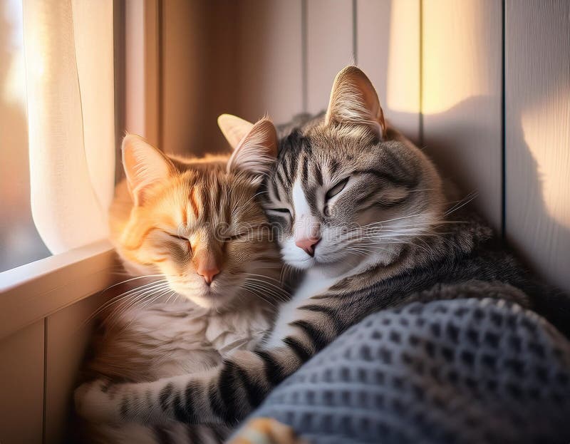 Two Cats Cuddling Together in a Cozy Corner Stock Illustration ...