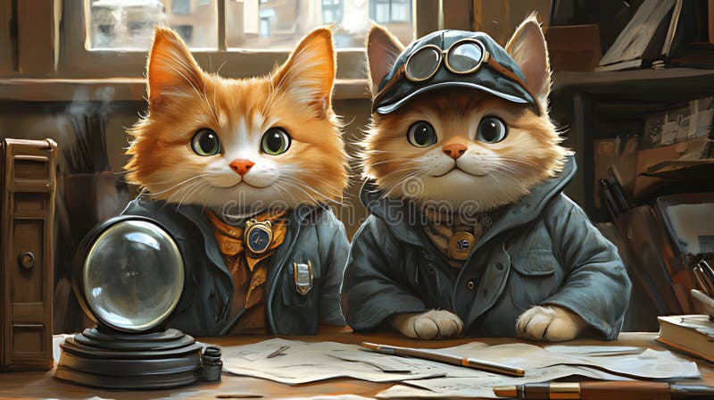 Two Cats, Detectives, Office, City View, Investigation Stock ...