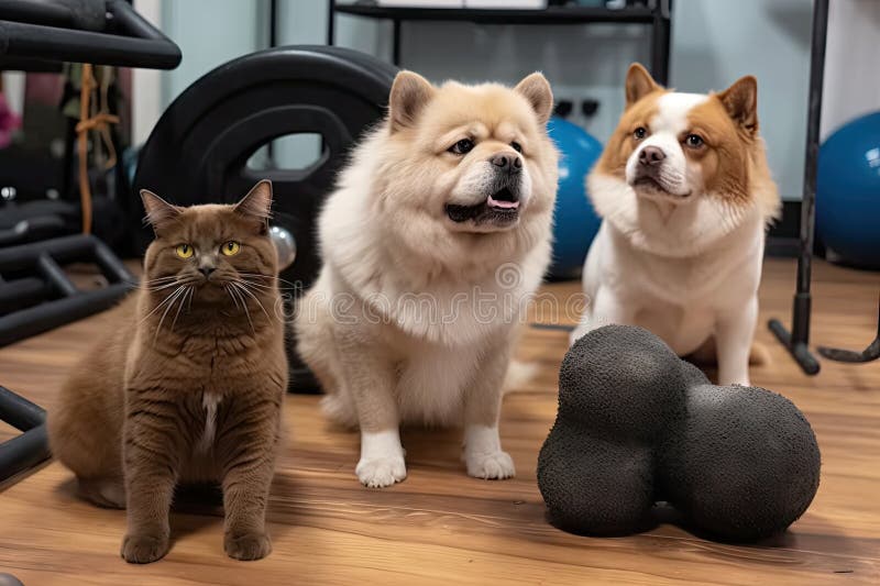 Two Cats and Dog are in a Workout Group, Doing Different Exercises at ...