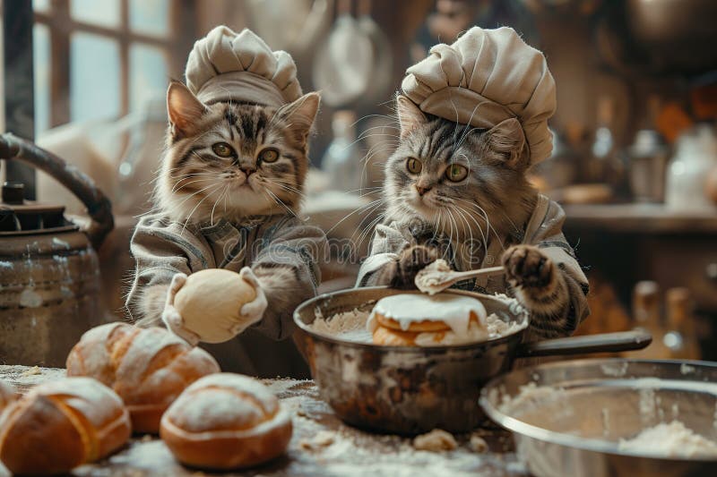 Two Cats Dressed As Chefs Baking in a Kitchen Stock Illustration ...