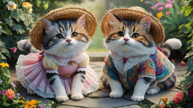 Two Cats Dressed in Clothes and Hats Sitting on a Flower Bed, AI Stock ...
