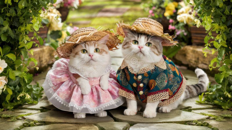 Two Cats Dressed in Clothes and Hats Sitting on a Stone Path, AI Stock ...