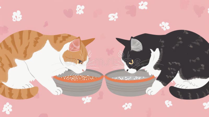 Two Cats Eating from Bowls on a Pink Floral Background Stock Image ...