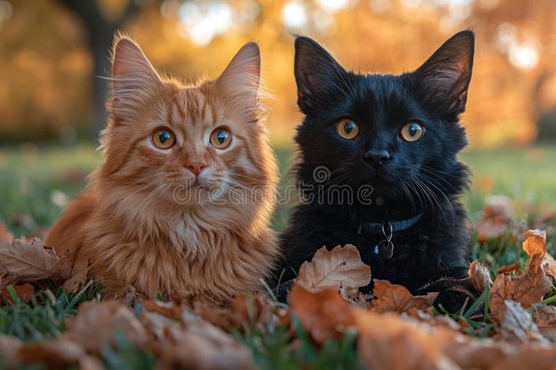Two Cats Enjoying the Outdoors, Sitting on a Vibrant Green Meadow Stock ...