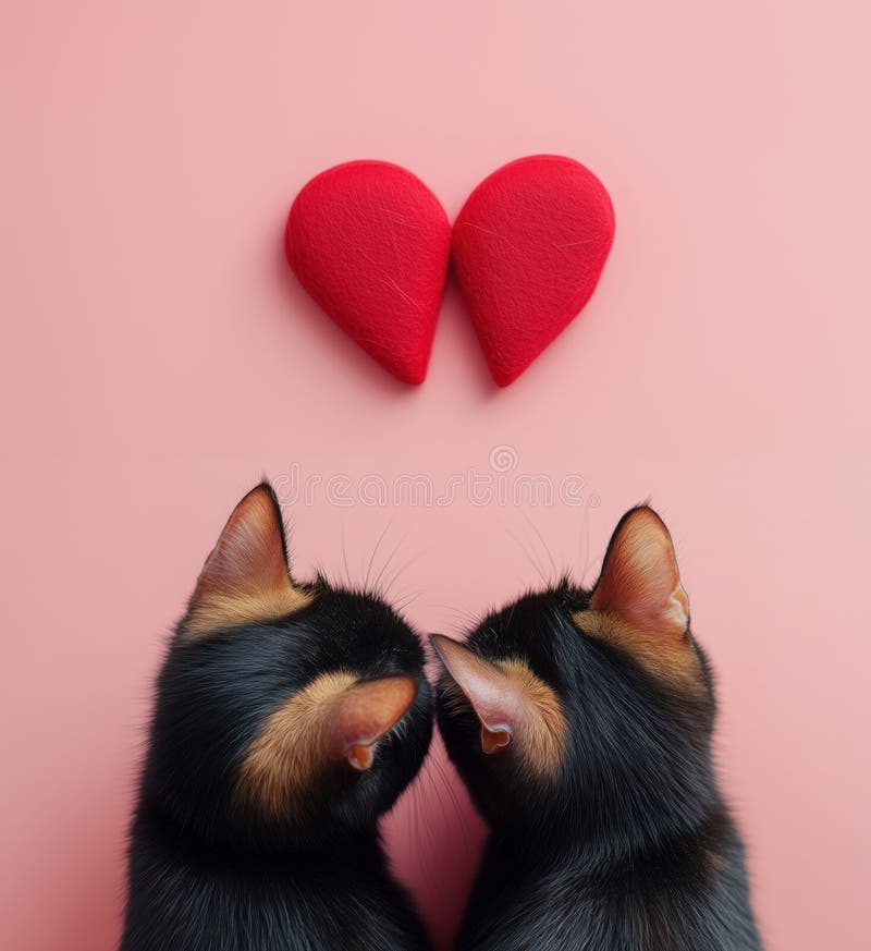 Two Cats Facing Each Other with Red Heart Shape on Pink Background ...