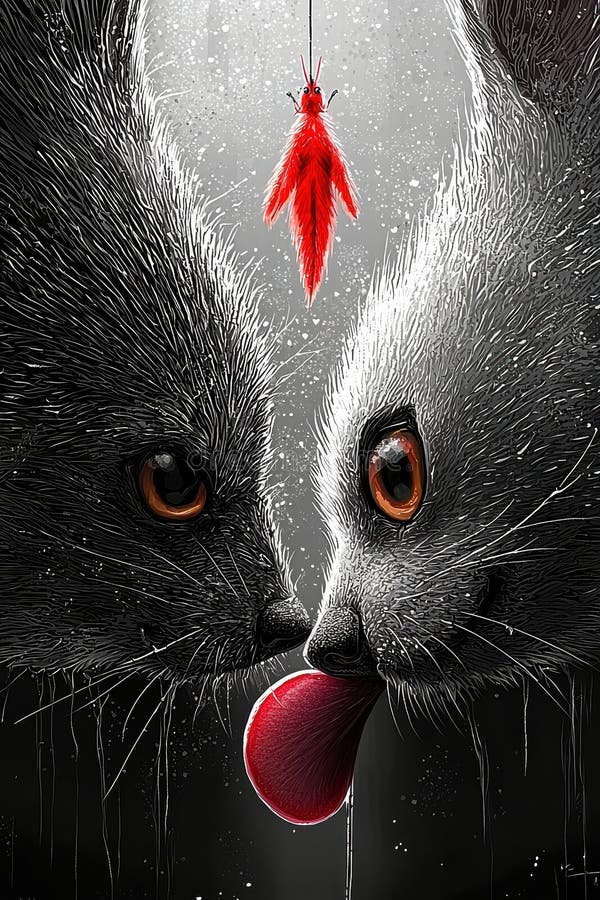 Two Cats Gaze at Each Other with a Red Object Hanging Above Stock ...