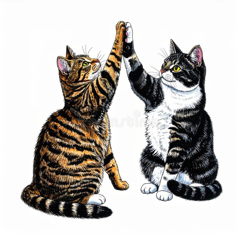 Two Cats Giving a High Five Isolated on White Background Cute and ...
