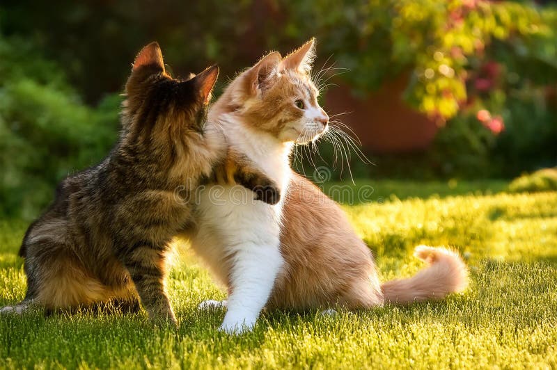 Two Cats Playing in the Garden in Summer Stock Illustration - Illustration of lovable, garden ...