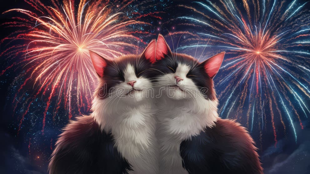 Two Cats are Hugging Each Other in Front of Fireworks, AI Stock Photo ...