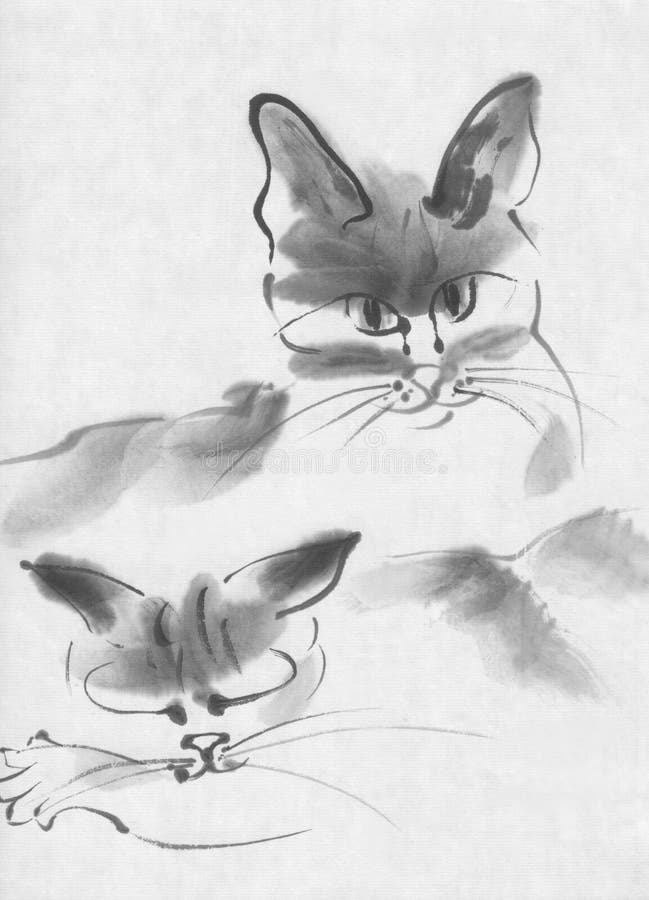 Two cats ink painting stock illustration. Illustration of background ...