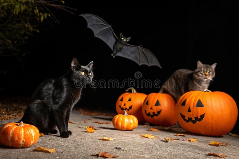 Two Cats with Jack-o -lanterns and Bat at Night Stock Illustration ...