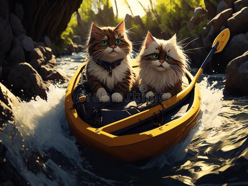 Two Cats in a Kayak on the River. Generative Ai Stock Illustration ...