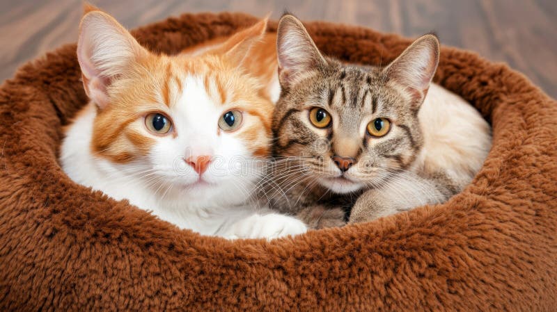Two Cats are Laying in a Cat Bed Together on the Floor, AI Stock Image ...