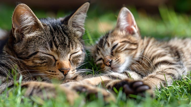 Two Cats Laying in the Grass Together with One Sleeping, AI Stock Photo ...