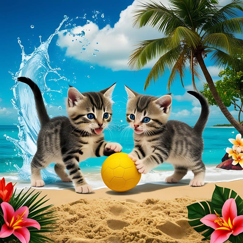 Two Cats are Laying on Summer Beach and Playing Bool Stock Photo ...