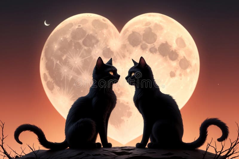 Two Cats Love Each Other, Sit by the Moon in the Evening, Art Stock ...