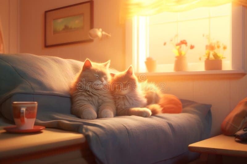 Two Cats Lying on Cozy Sofa in the Evening Sun Stock Illustration ...