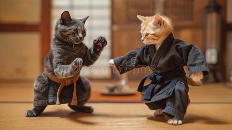 Two Cats in Martial Arts Uniforms Practicing Karate Indoors Stock Photo ...